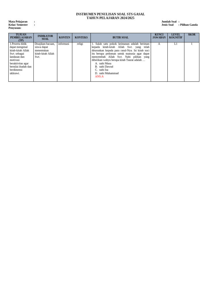 Instrumen Soal STS Gasal 2024/2025 | PDF