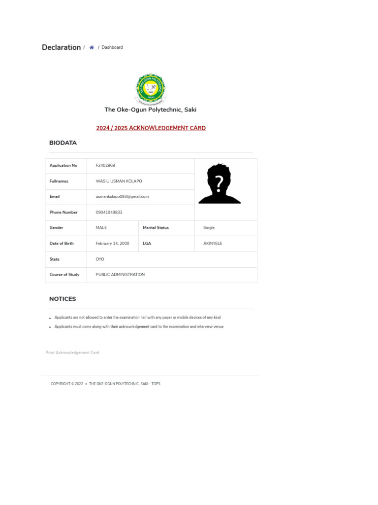 Oke-Ogun Polytechnic Acknowledgement Card | PDF