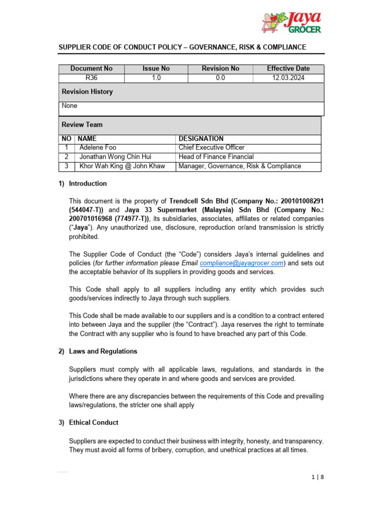 Supplier Code of Conduct | PDF | Supply Chain | Employment