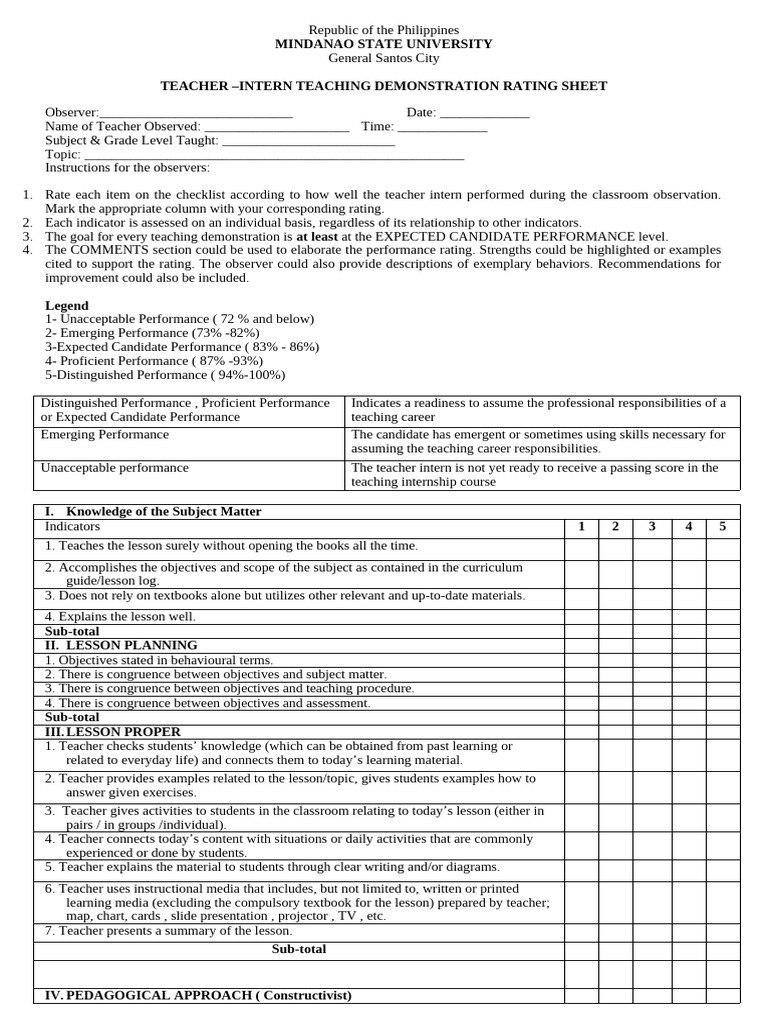 Teacher Intern Evaluation Sheet | PDF | Teachers | Learning