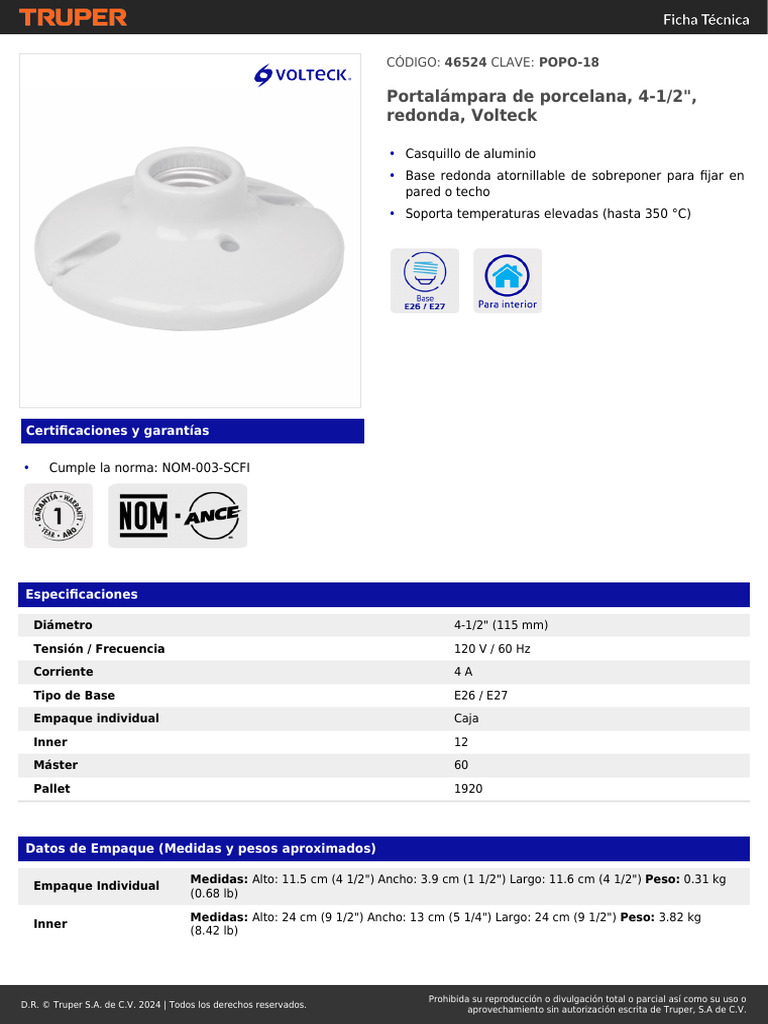 Portalámpara de Porcelana, 4-1/2", Redonda, Volteck | PDF
