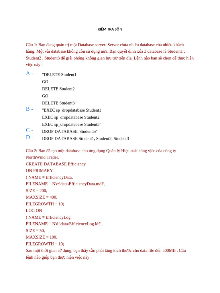 SQL - KIỂM TRA SỐ 3 | PDF