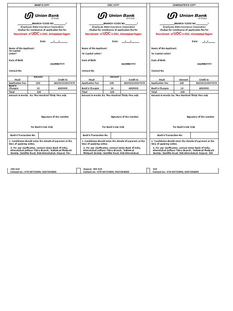 ESIC UDC Fee Payment Challan | PDF