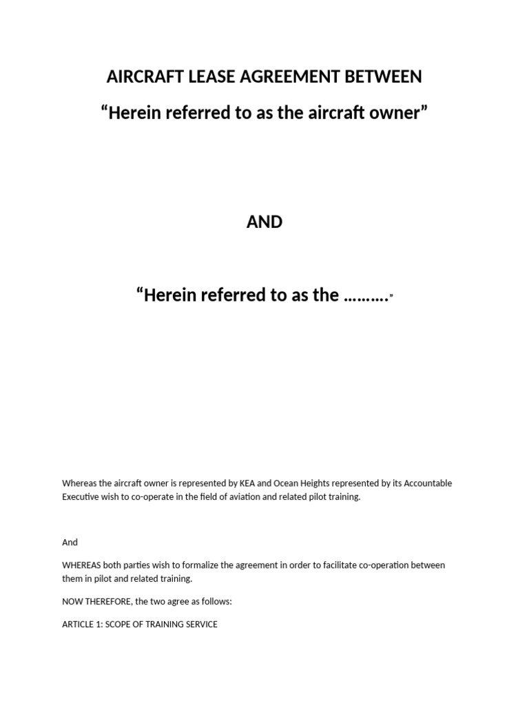 Aircraft Lease Agreement for Training | PDF | Indemnity | Lease