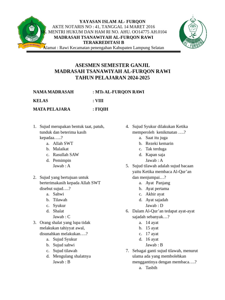 Soal Uas Ganjil Fiqih KLS Ix | PDF