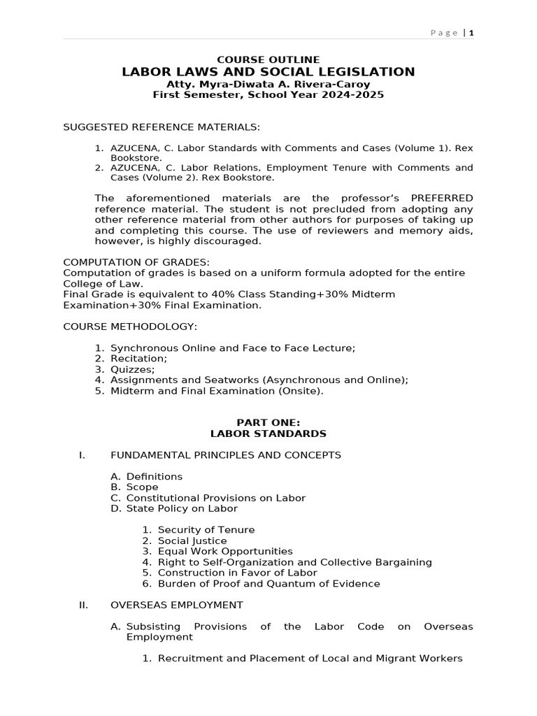 Course Outline Labor Laws and Social Legislation 2024 2025 | PDF ...
