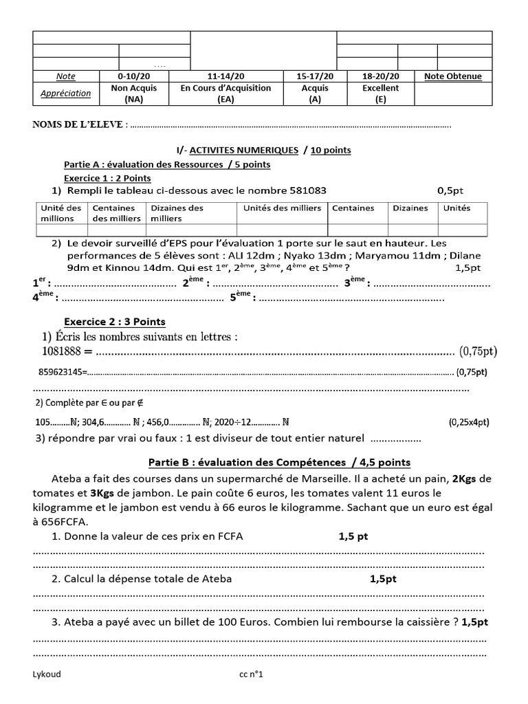 Maths cc1 6eme 2024-2025 | PDF | euro