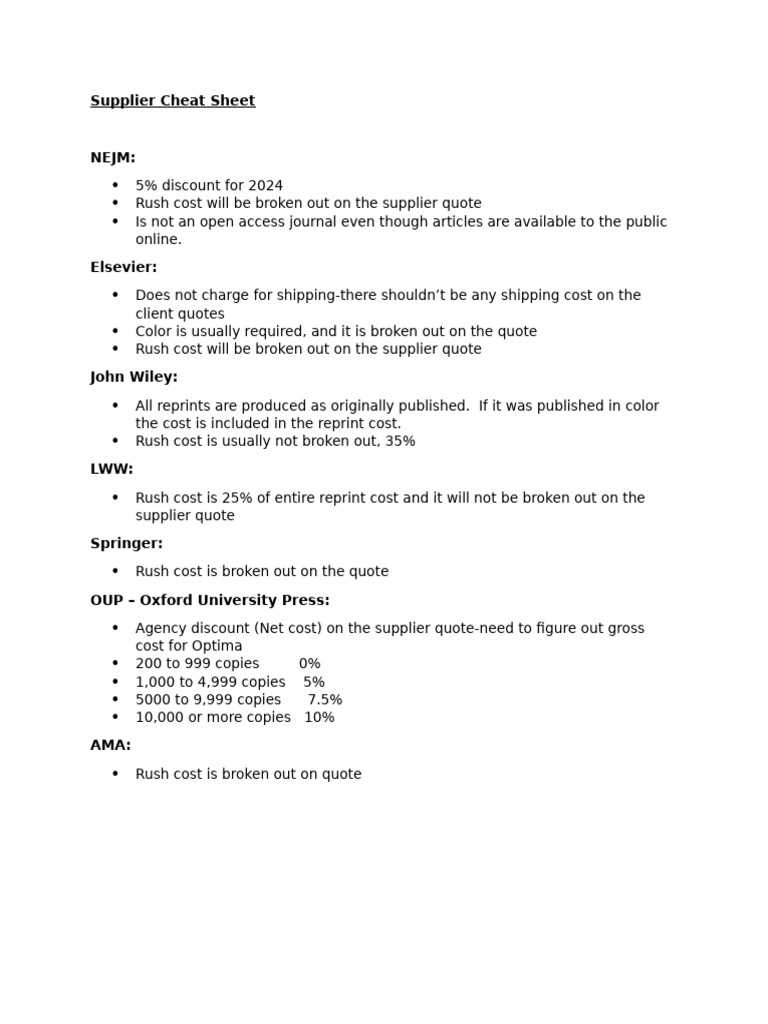 Supplier Cheat Sheet | PDF | Business | Technology & Engineering