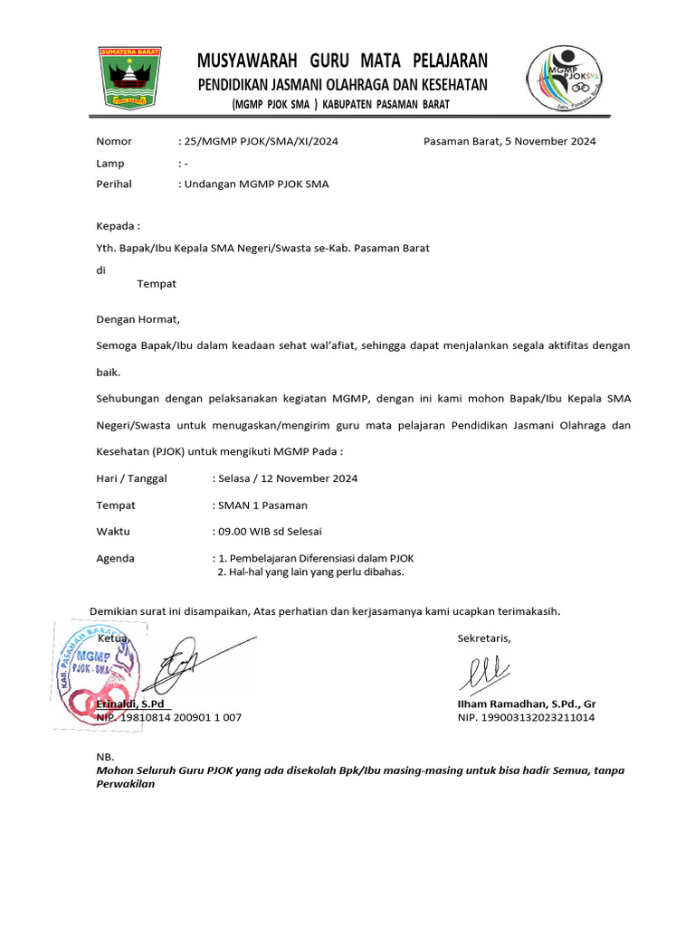 Surat Undangan MGMP Selasa, 12 November 2024 | PDF