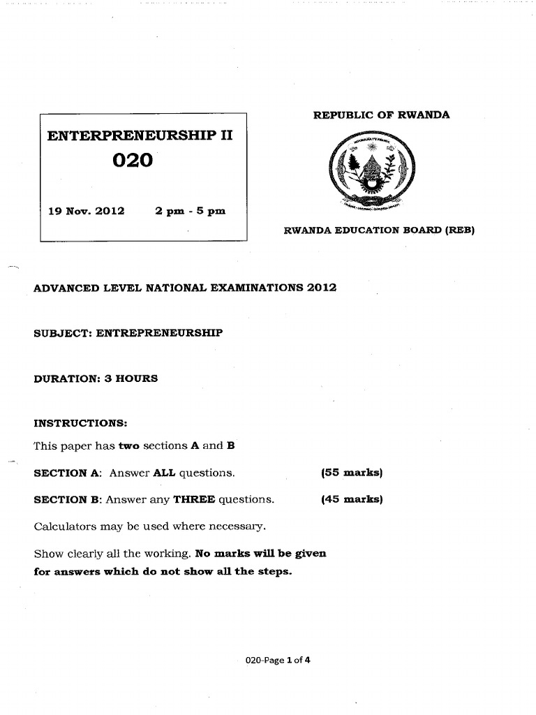 2012 Entrepreneurship Past Paper | PDF