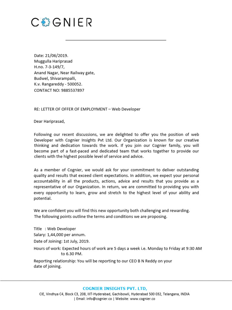 Web Developer Job Offer Letter | PDF