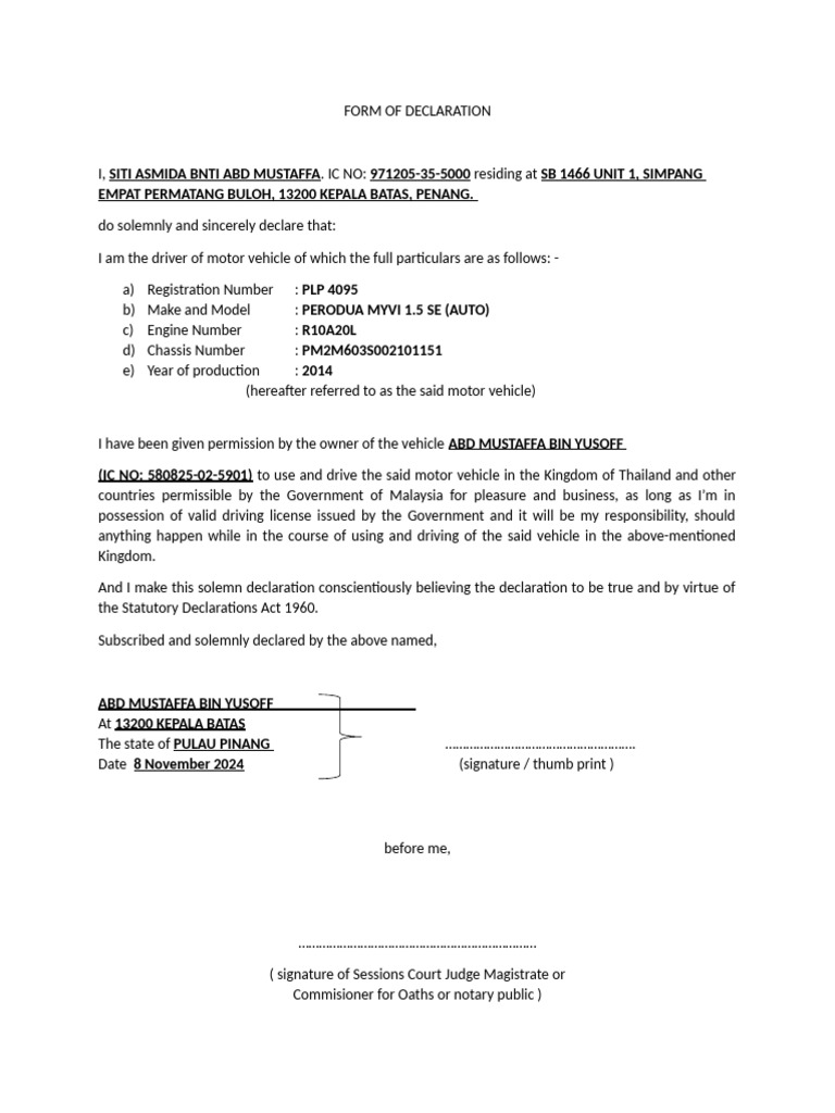 Vehicle Declaration From Thailand | PDF