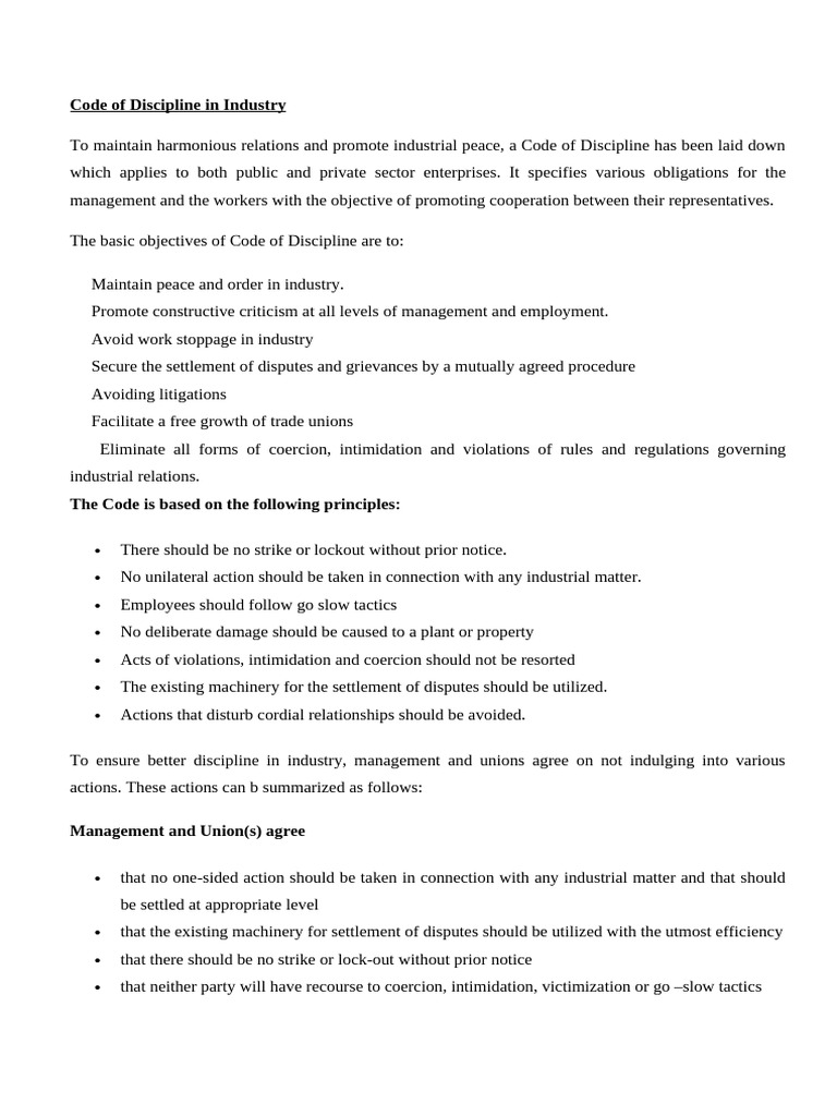 Code of Discipline in Industry | PDF | Strike Action | Lockout (Industry)