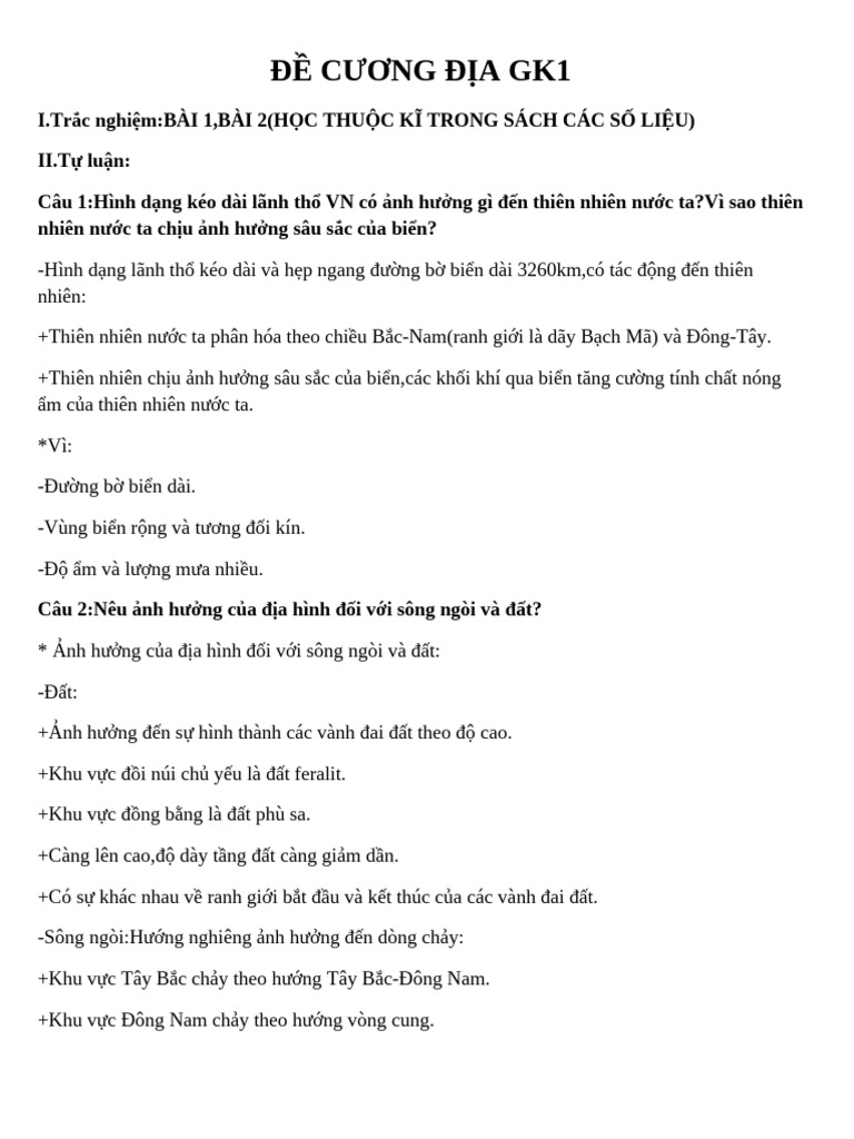 ĐỀ CƯƠNG ĐỊA GK1 | PDF