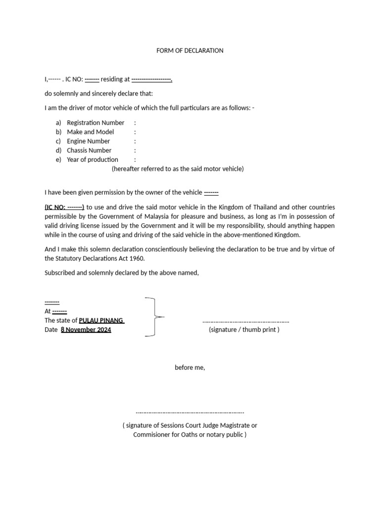 Thailand Motor Vehicle Declaration Form | PDF