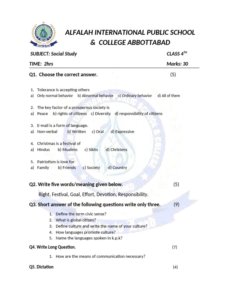 Social Stydy Class 4 Paper | PDF