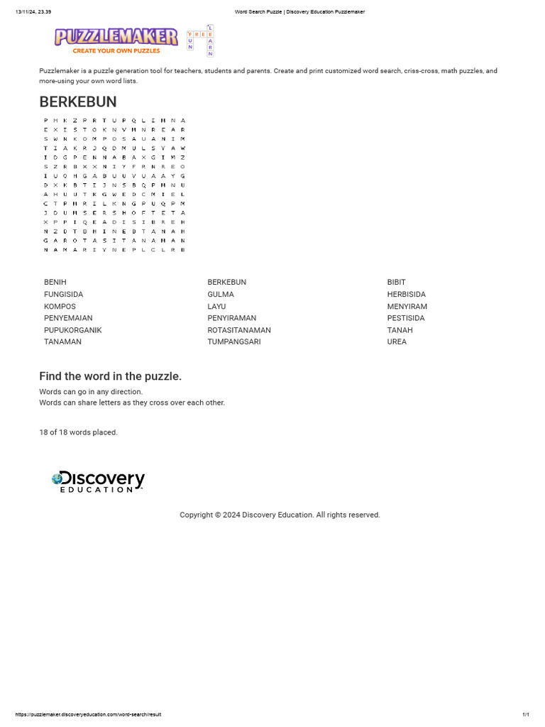 Word Search Puzzle - Discovery Education Puzzlemaker | PDF