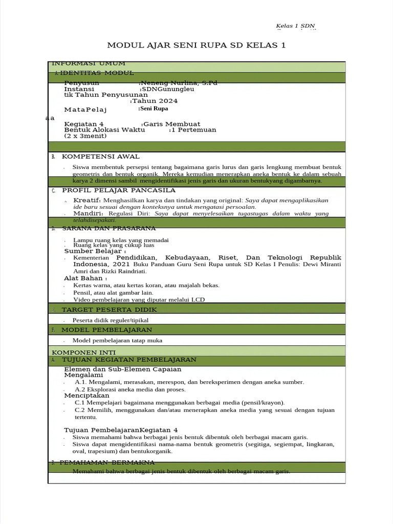 PDF Modul Ajar Seni Rupa Kls 1 Lengkap | PDF