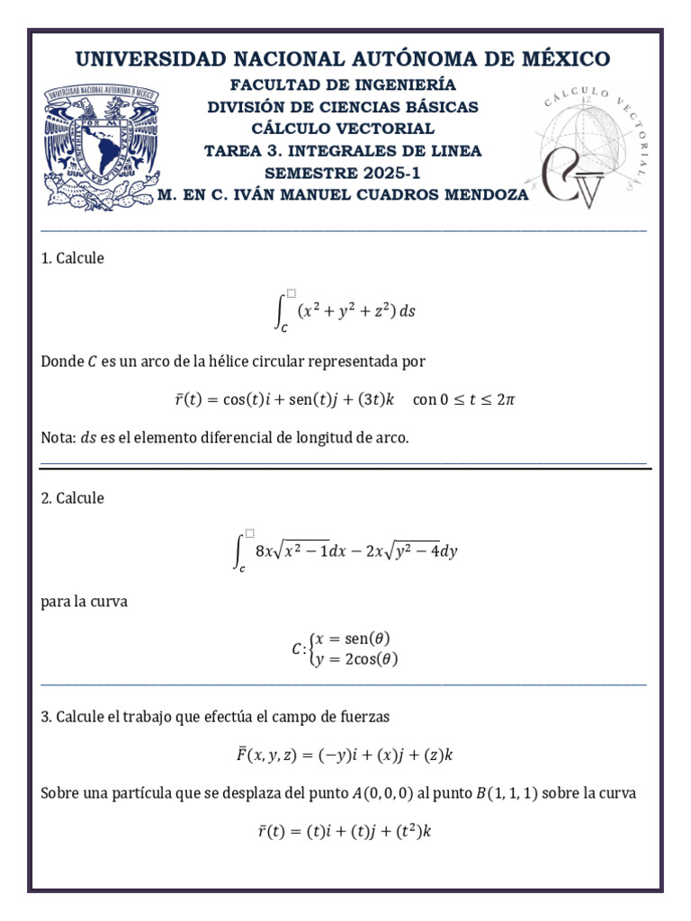 Tarea 3. Integrales de Linea | PDF | Integral | Vector Euclidiano