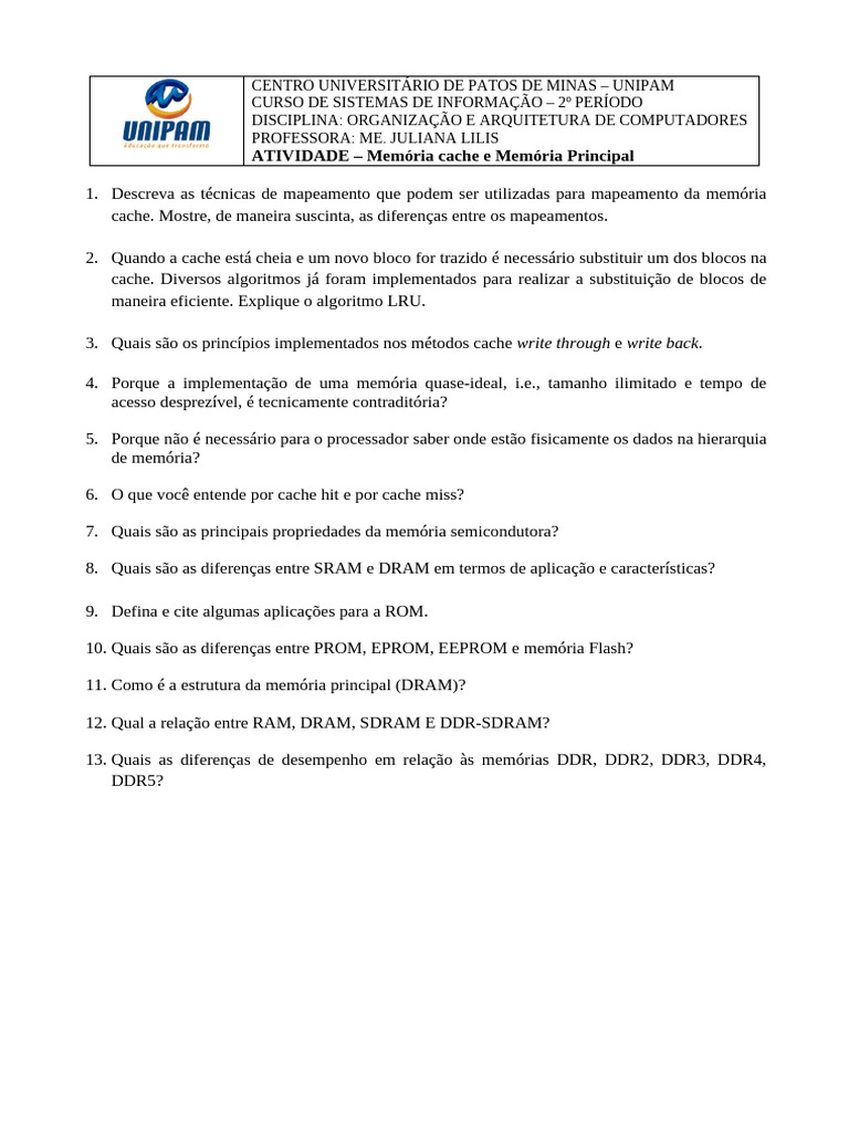 Atividade 06 - Mem - Ria Cache e Mem - Ria Prinicial | PDF