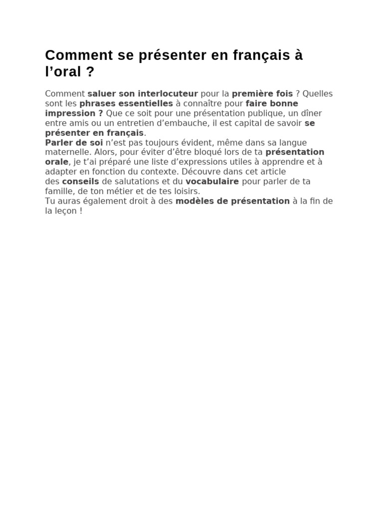 Se présenter en français à l'oral | PDF | Langue française