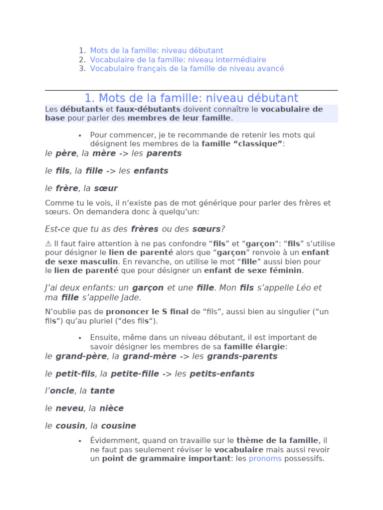 Vocabulaire de la famille en français | PDF | Lexique | Genre grammatical
