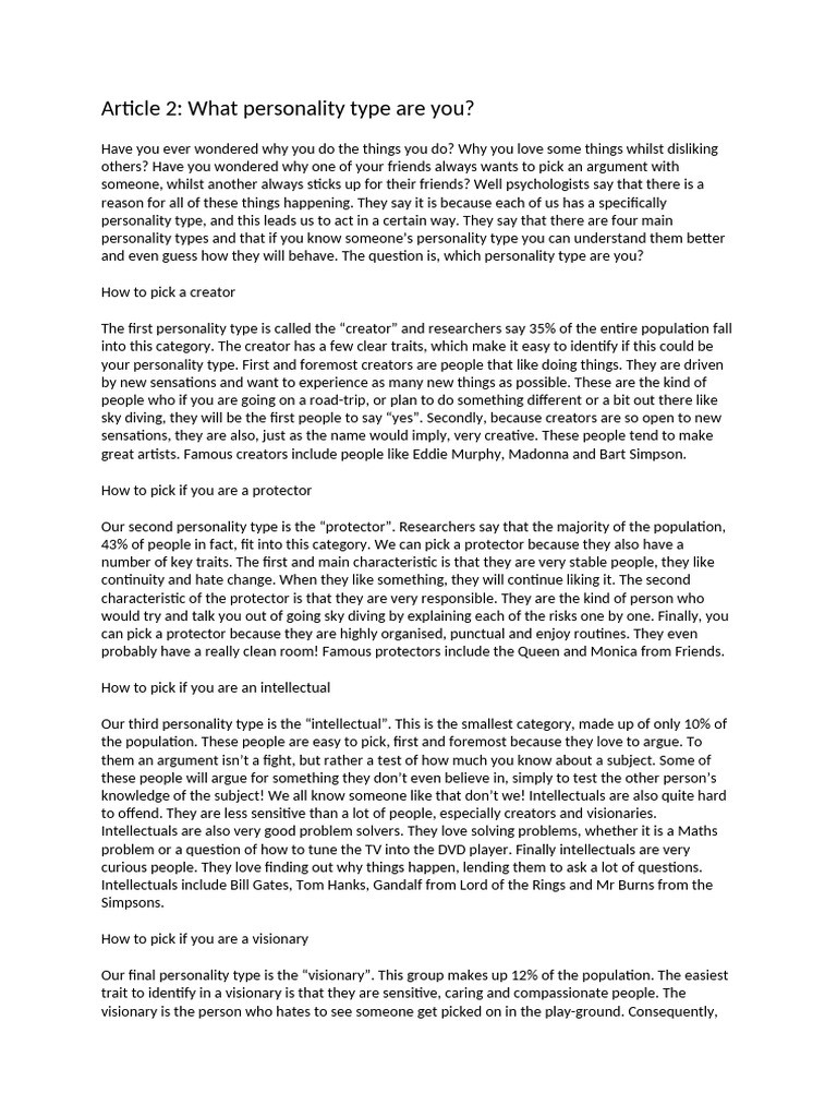 Article 2 What Personality Type Are You | PDF | Personality Type ...