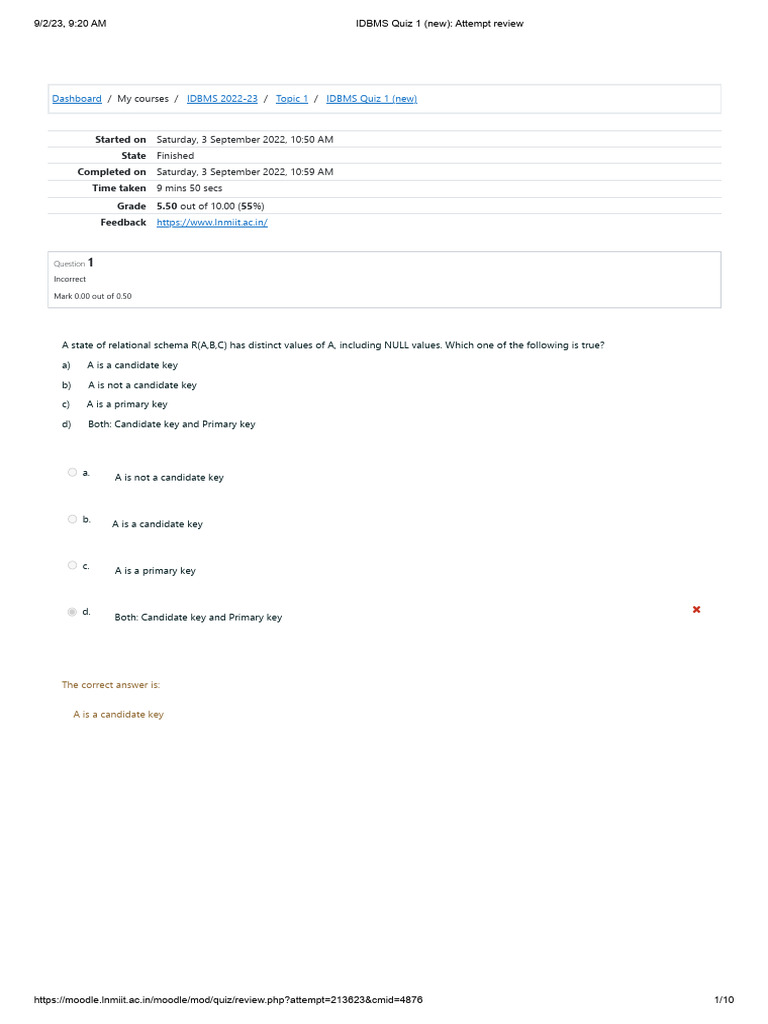 IDBMS Quiz 1 (New) - Attempt Review | PDF | Relational Database | Computer Data