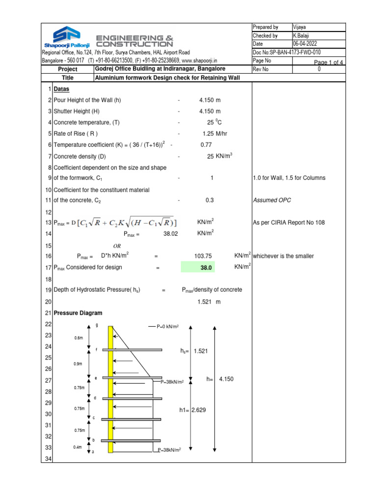 Ret Wall Shuttering Design | PDF | Bending | Beam (Structure)