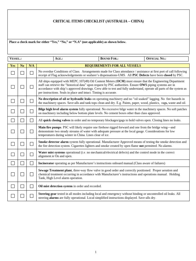(Critical Items Checklist - Australia - China) FINAL | PDF | Pump | Leak