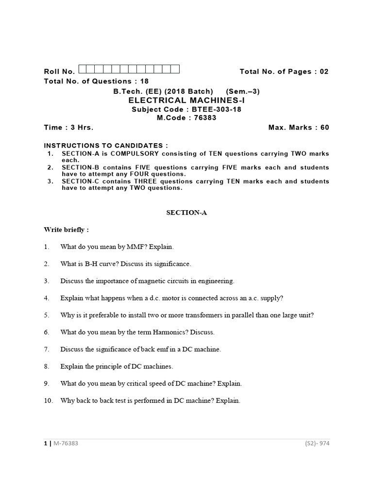 B.Tech EE Electrical Machines Exam | PDF | Transformer | Machines