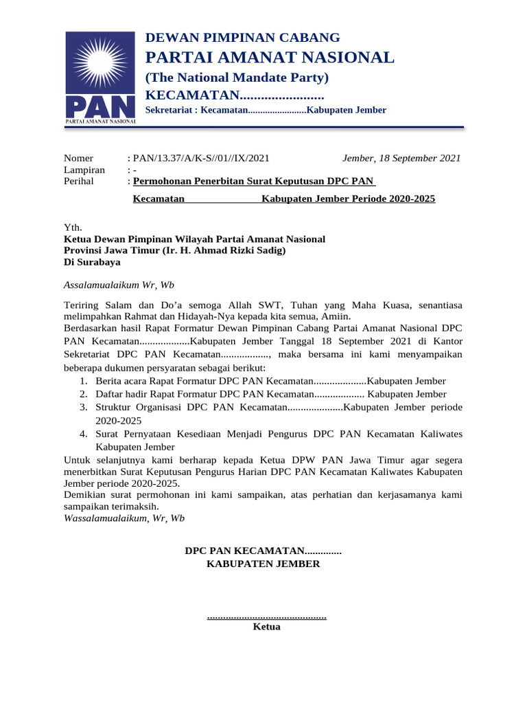 Permohonan SK DPC PAN Jember 2020-2025 | PDF
