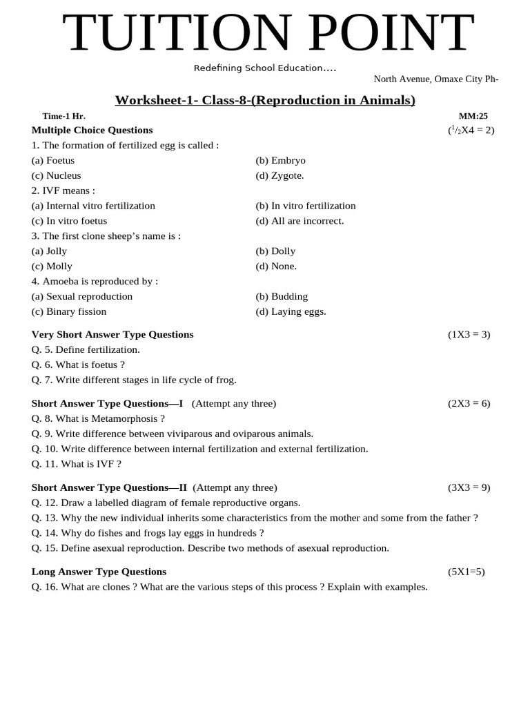 Class 8 Worksheet: Animal Reproduction | PDF