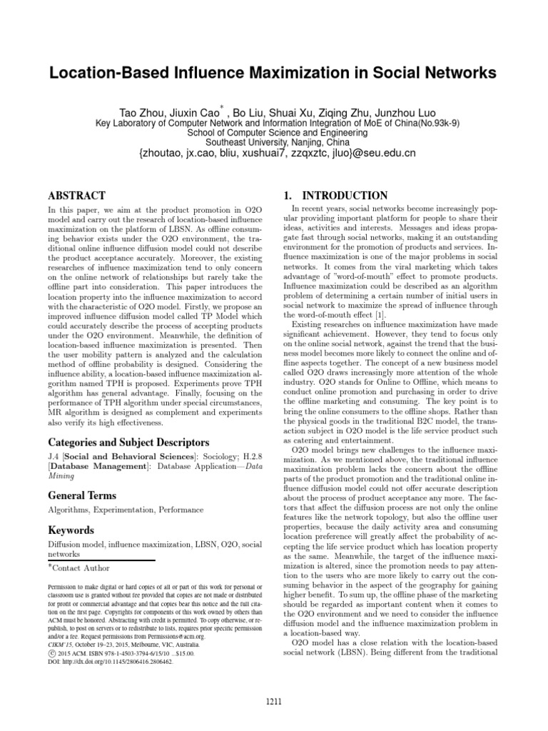 2015 Cikm Location Based Influence Maximization In Social Networks Pdf Algorithms Marketing