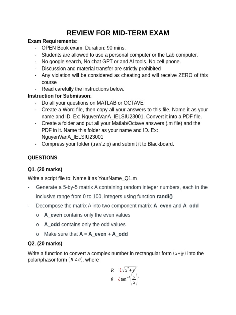Mid-Term Exam Review: MATLAB Tasks | PDF | Mathematical Analysis | Algebra