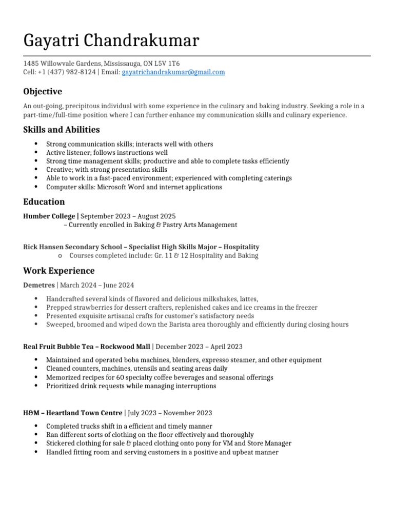 Gayatri Chandrakumar Resume! (UPDATED) | PDF | Cuisine | Foods