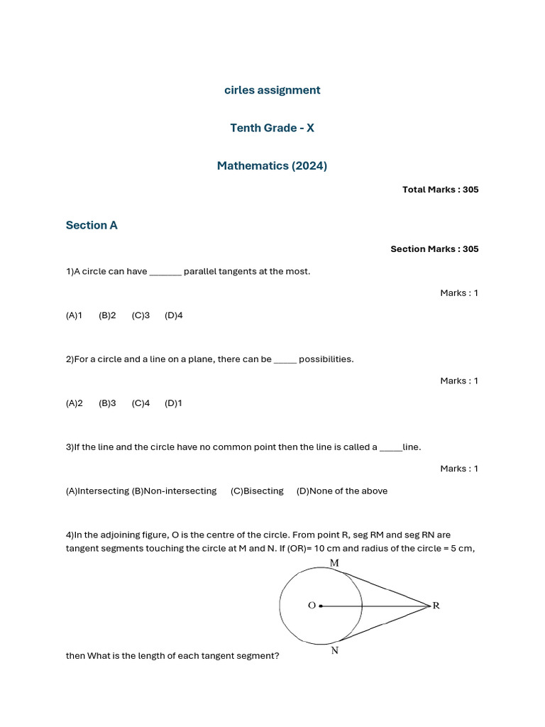 Circles Assignment Ques 2024-25 | PDF | Circle | Perpendicular