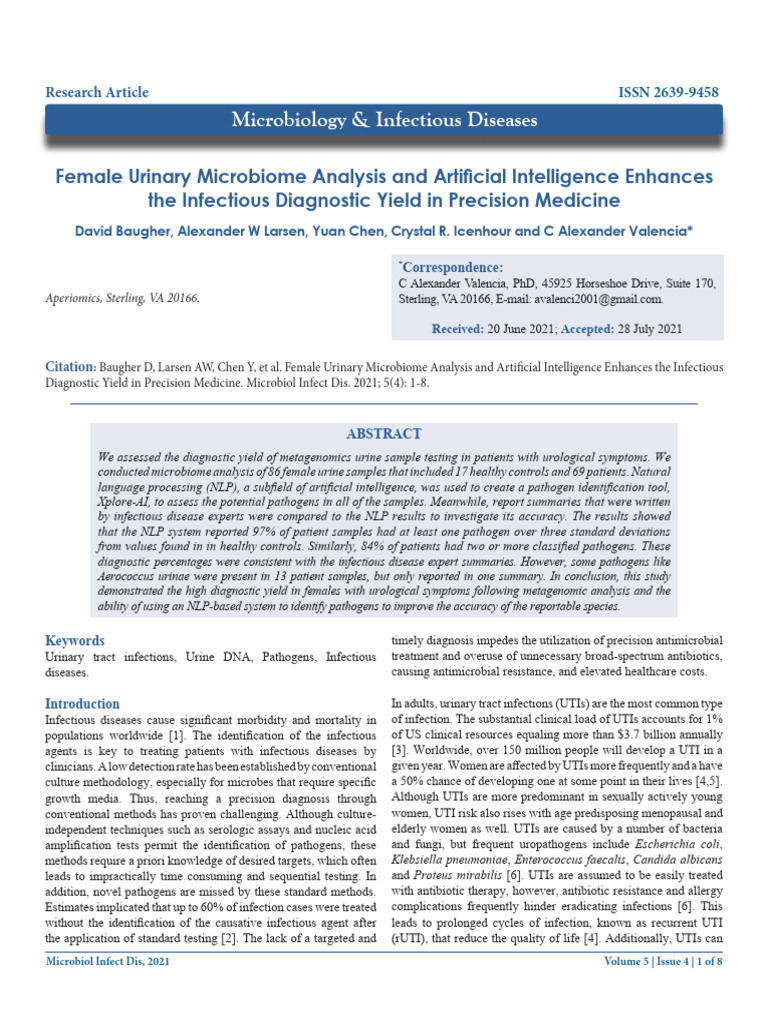 Female Urinary Microbiome Analysis and Artificial Intelligence Enhances ...