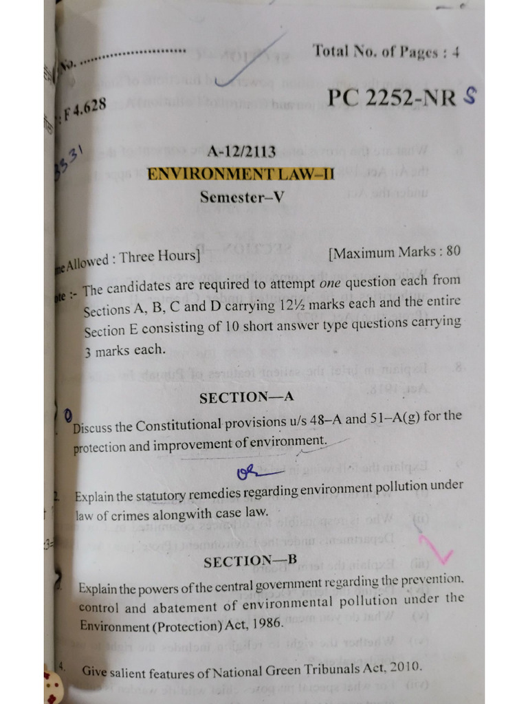 Previous Year Question Paper - ENV LAW | PDF