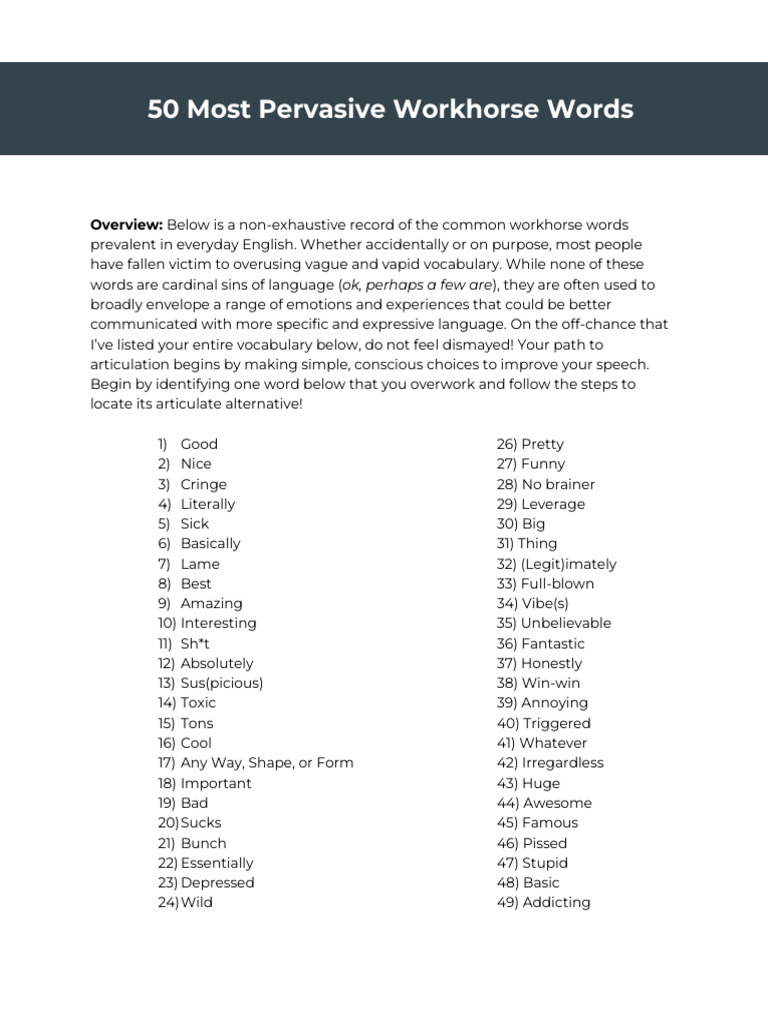 50 Most Pervasive Workhorse Words | PDF | Human Communication | Linguistics