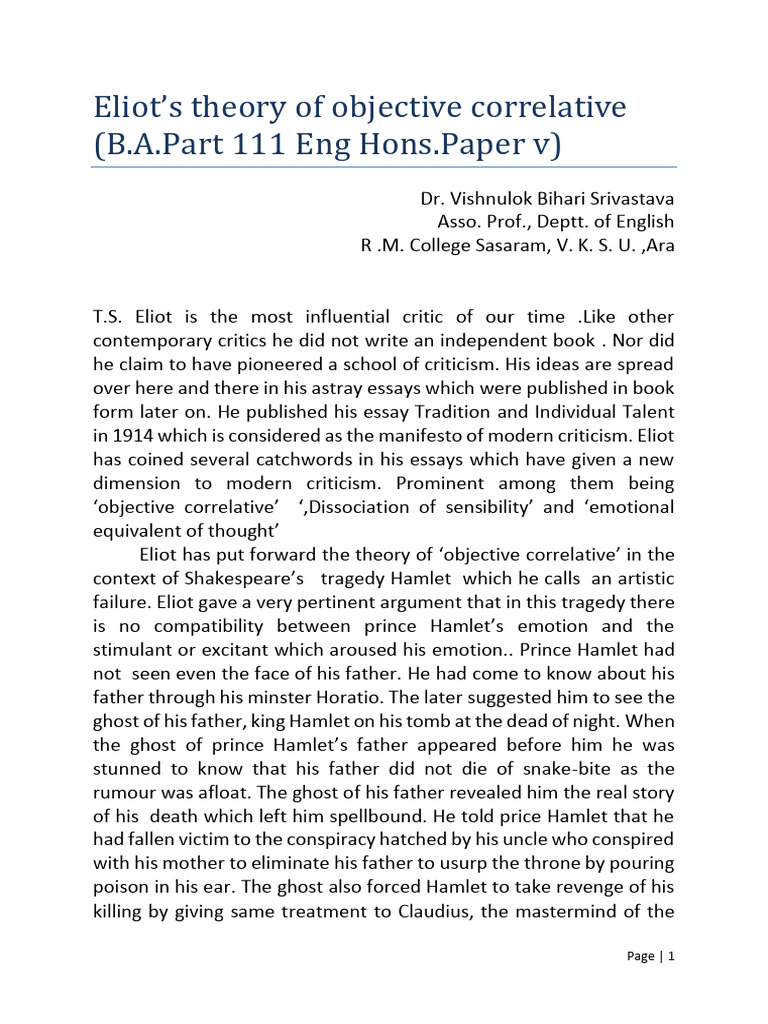 VLBS 27042020eliots Theory of Objective Correlative | PDF | Hamlet ...