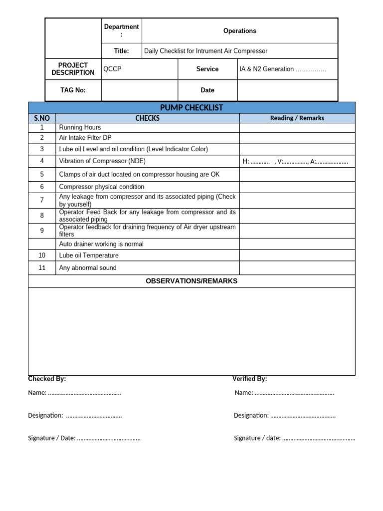 Instrument Air Compressor (Daily Checklist) | PDF