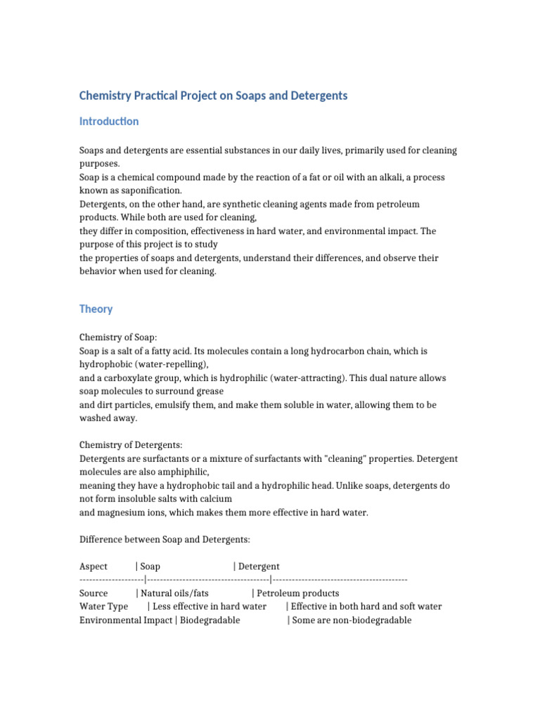 Soaps vs. Detergents: A Chemistry Project | PDF | Detergent | Sodium ...
