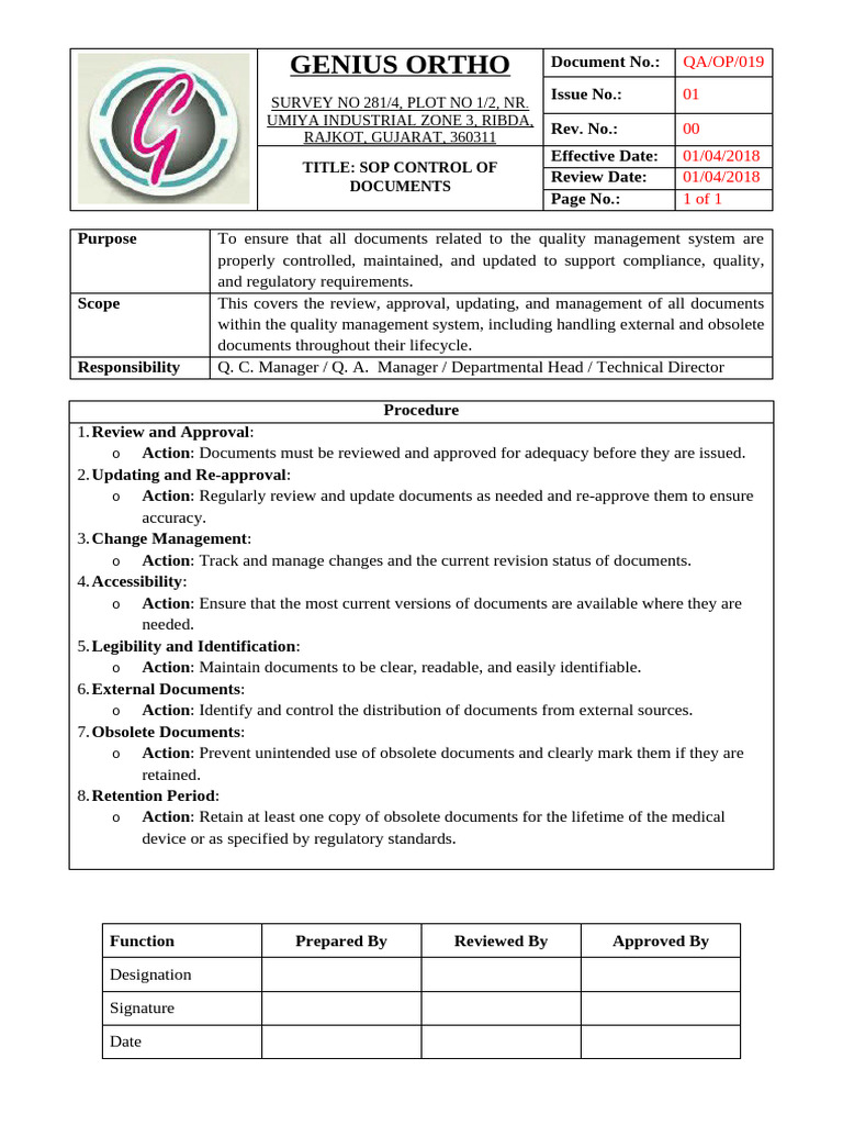 SOP Control of Documents | PDF