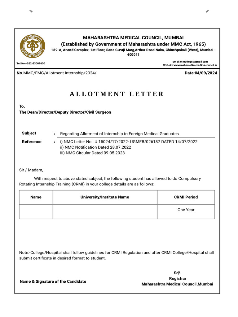 Internship Allotment for Foreign Graduates | PDF