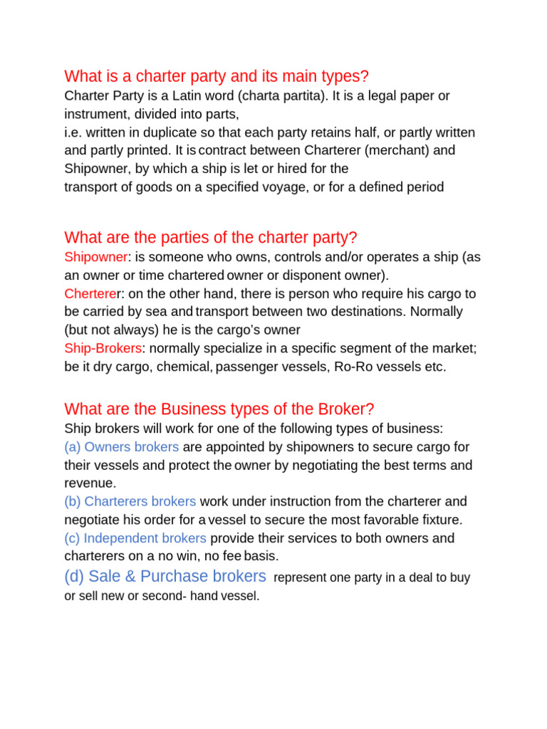Charter Party Essentials Explained | PDF | Shipping | Water Transport