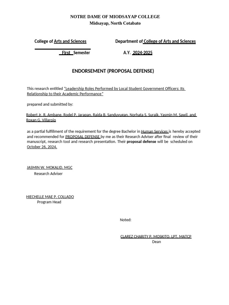 Form 4b1 ENDORSEMENT Proposal Oral Defense 1 | PDF | Science & Mathematics