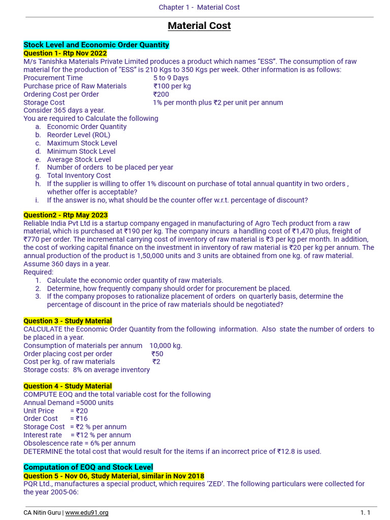 Extra PDF 01 Material Costing | PDF | Inventory | Production And Manufacturing