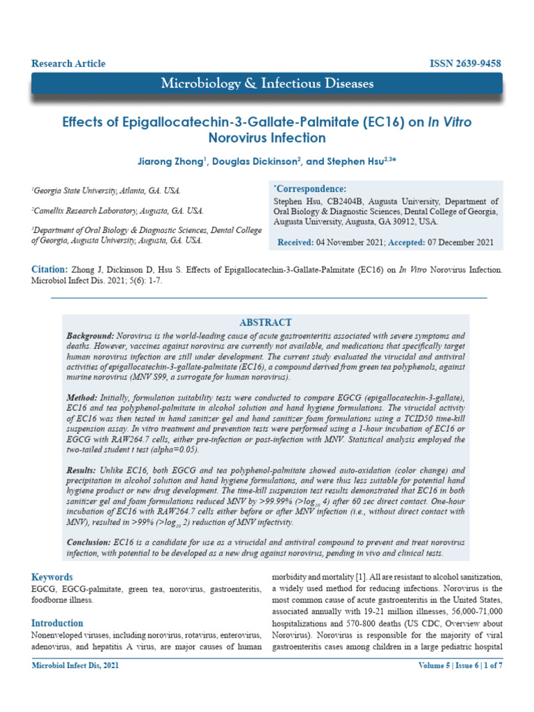 Effects of Epigallocatechin3gallatepalmitate Ec16 On in Vitro Norovirus ...
