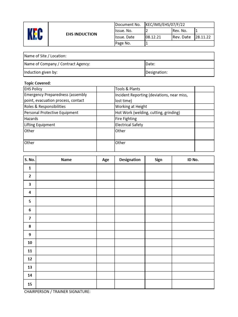 Ehs Induction Pdf